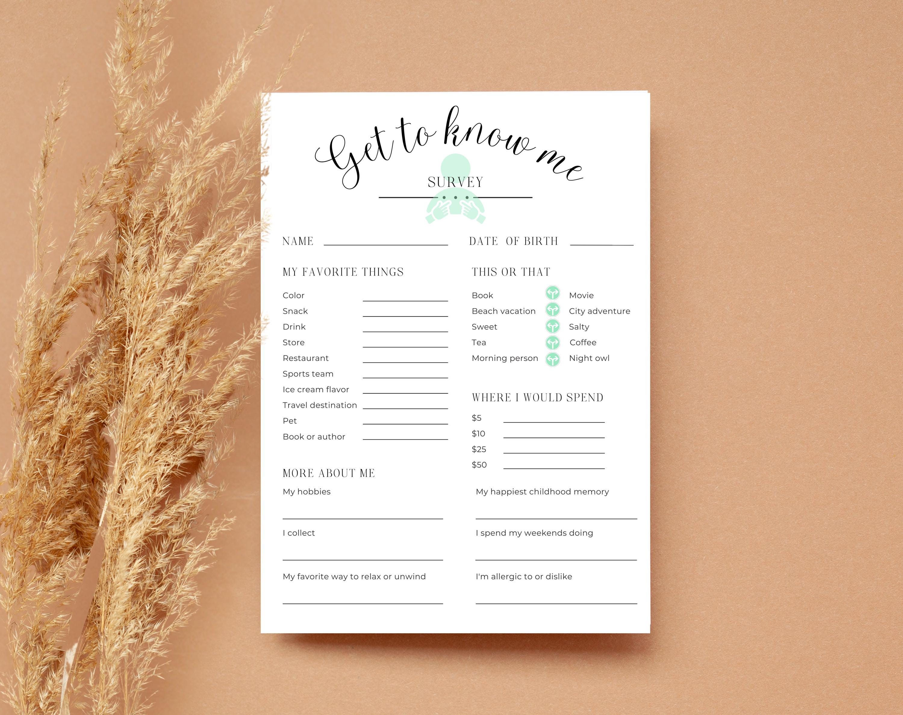 Getting to Know You Questionnaire Printable, Favorite Things Survey ...