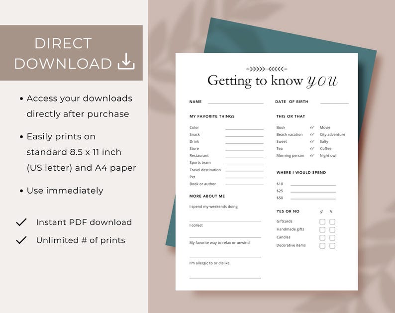 Getting to Know You Questionnaire Printable, Favorite Things ...