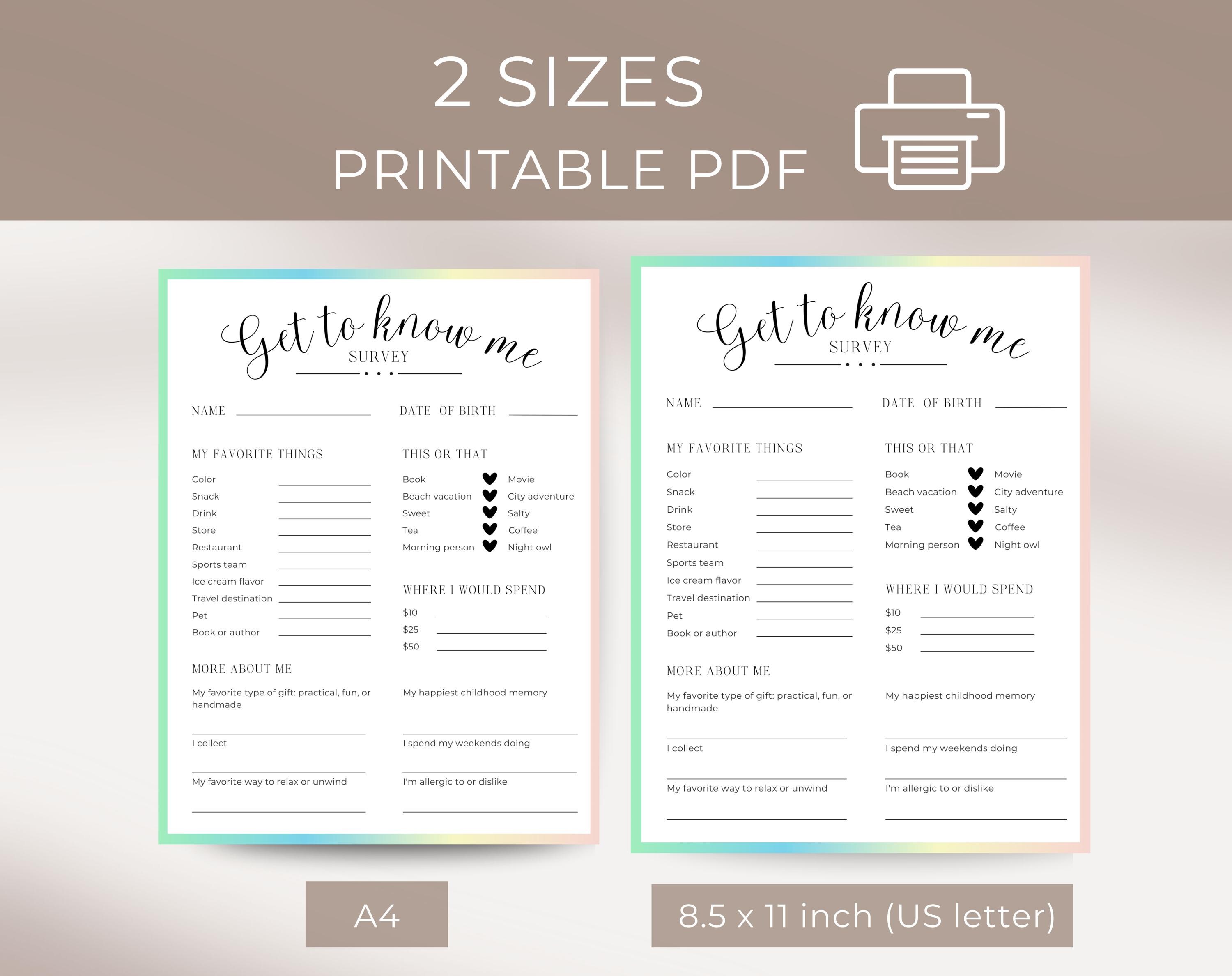 Getting to Know You Questionnaire Printable, Get to Know Me Survey ...