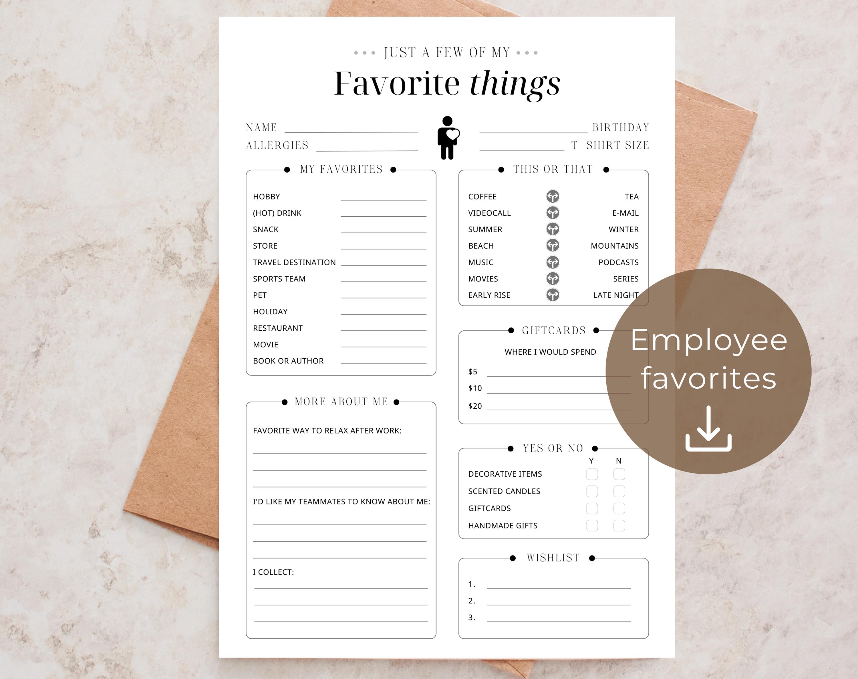 Employee Favorites List, Get to Know My Employees Printable, Team ...