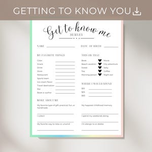 Getting to Know You Questionnaire Printable, Get to Know Me Survey ...