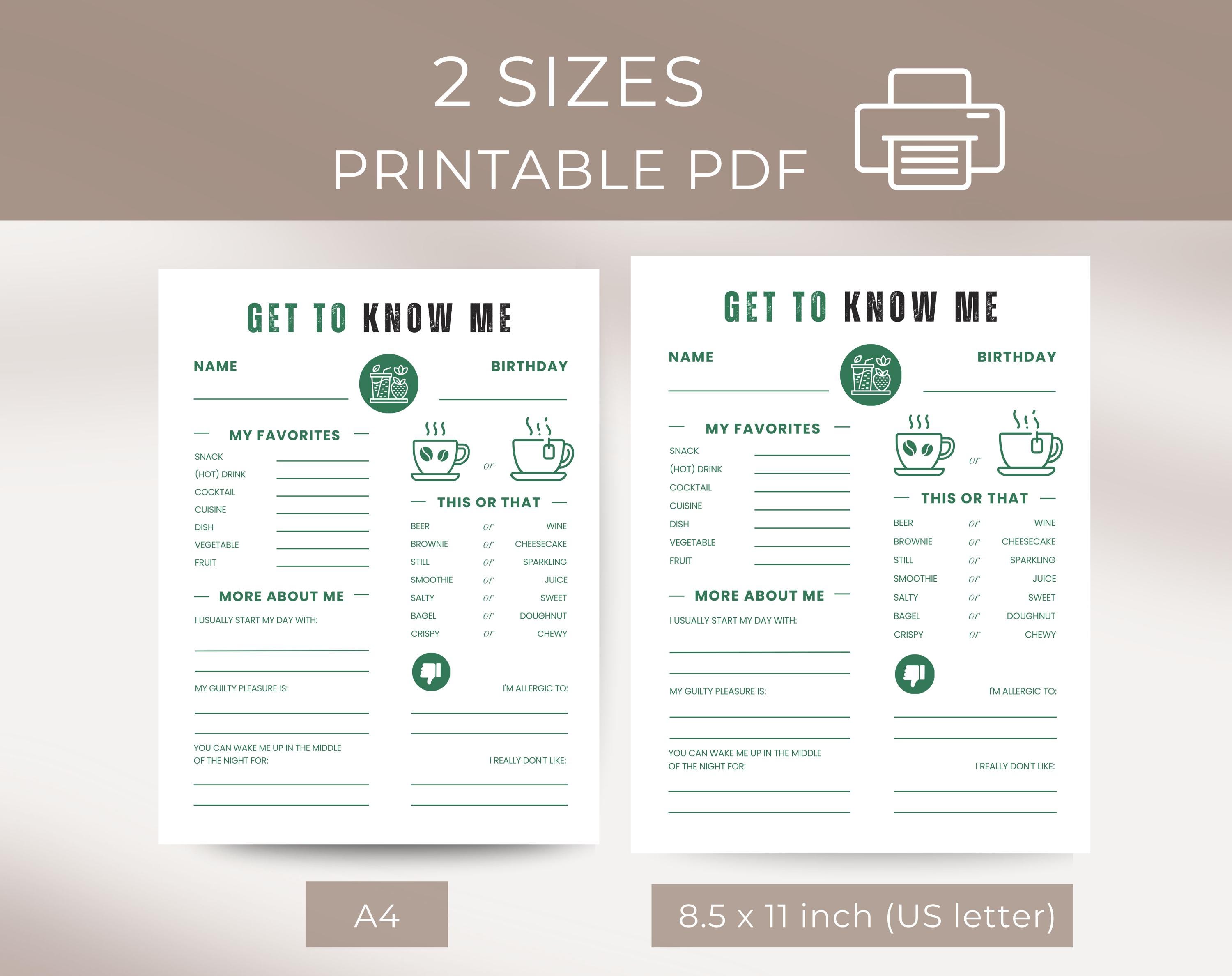 Food-themed Getting to Know You Questionnaire Printable, Favorite ...