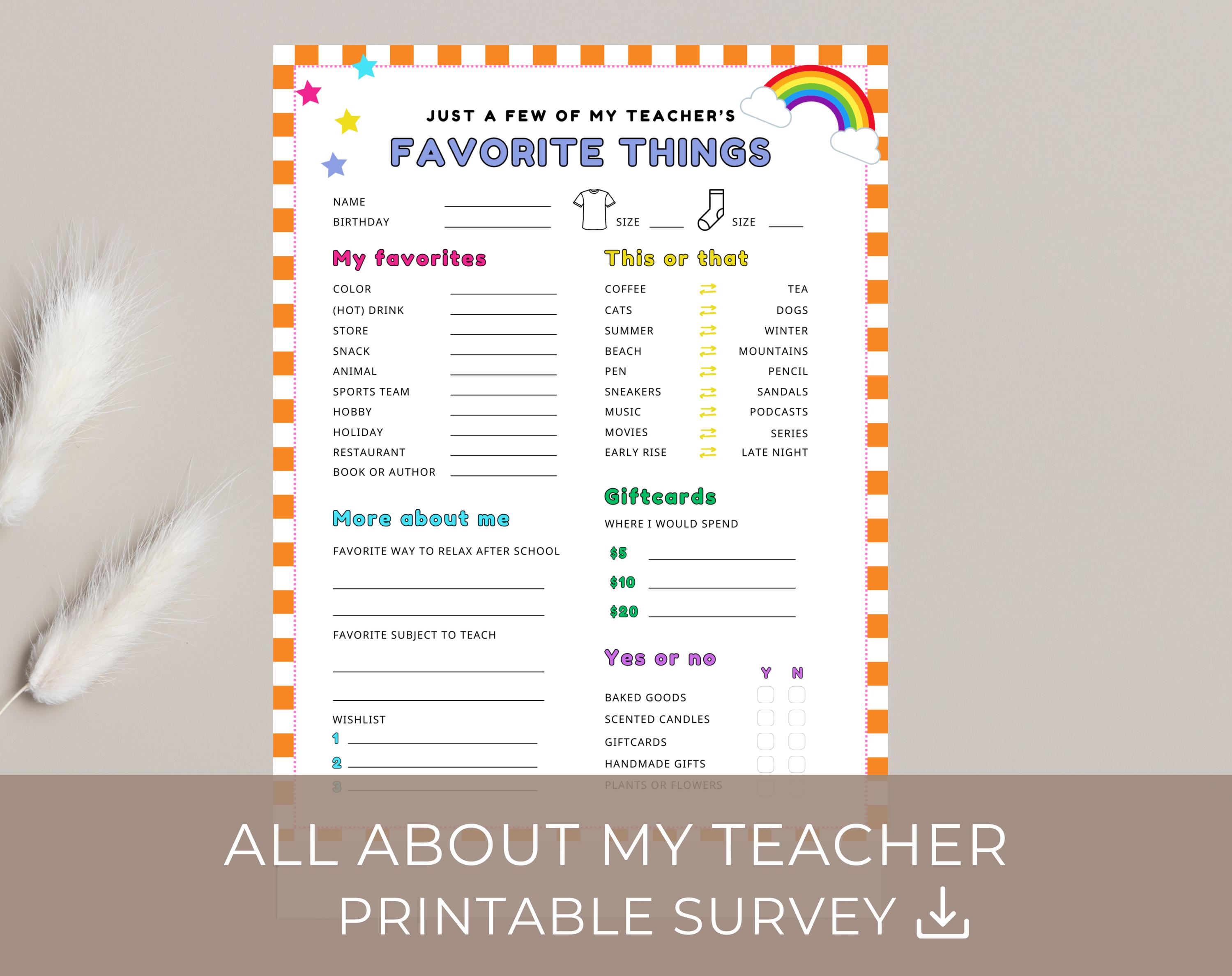 All About My Teacher Survey, Teacher Favorite Things Questionnaire ...
