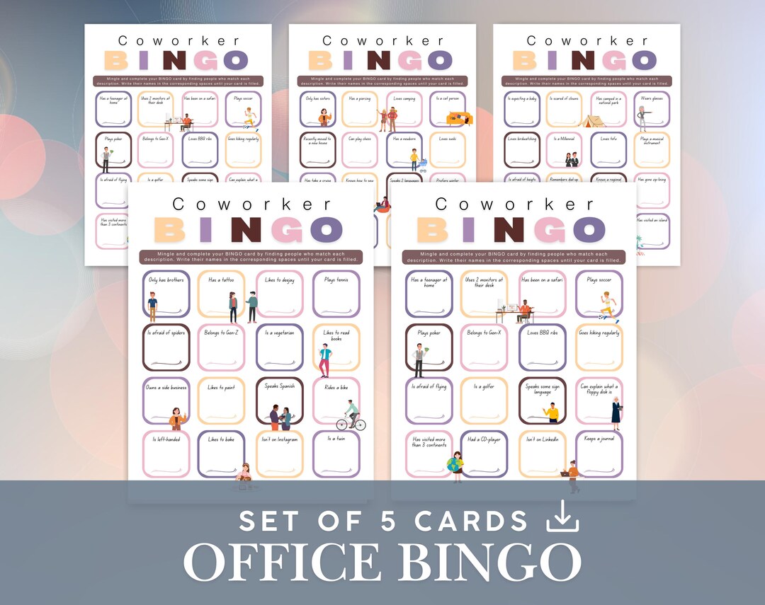 Office Bingo Game Set of 5 Cards, Coworker Bingo, Mix and Mingle Bingo ...