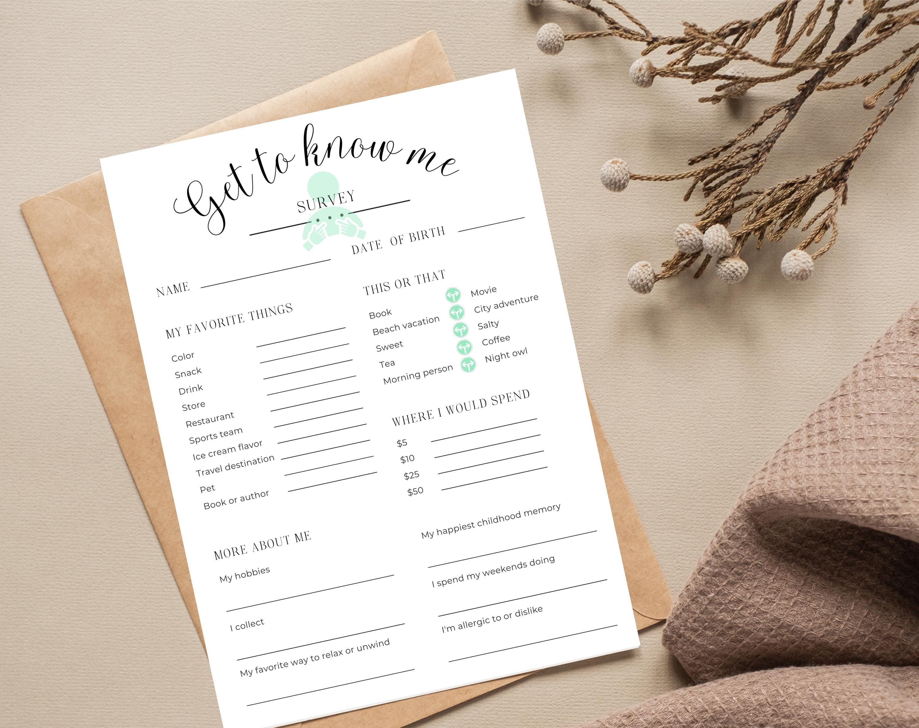 Getting to Know You Questionnaire Printable, Favorite Things Survey ...