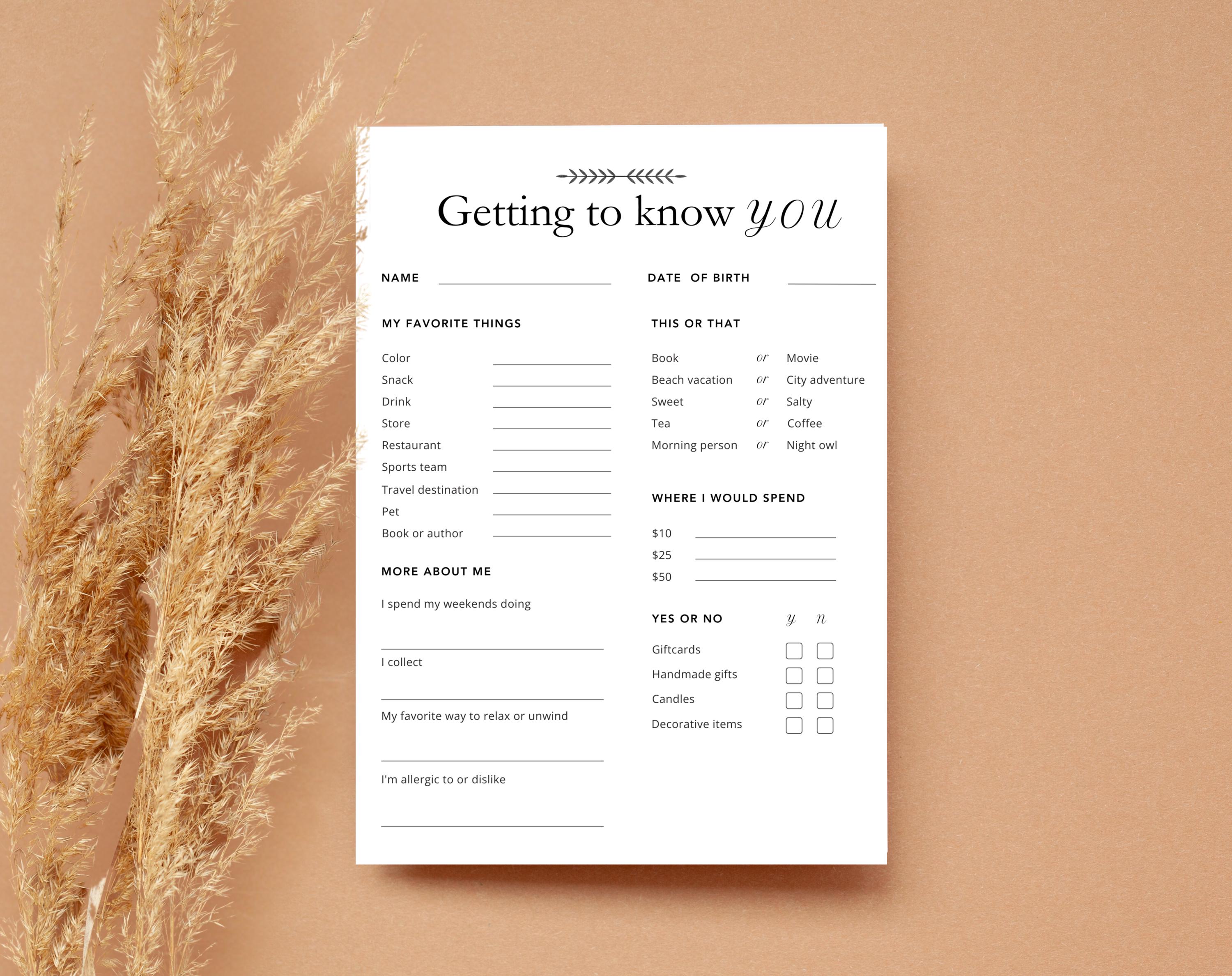 Getting to Know You Questionnaire Printable, Favorite Things ...
