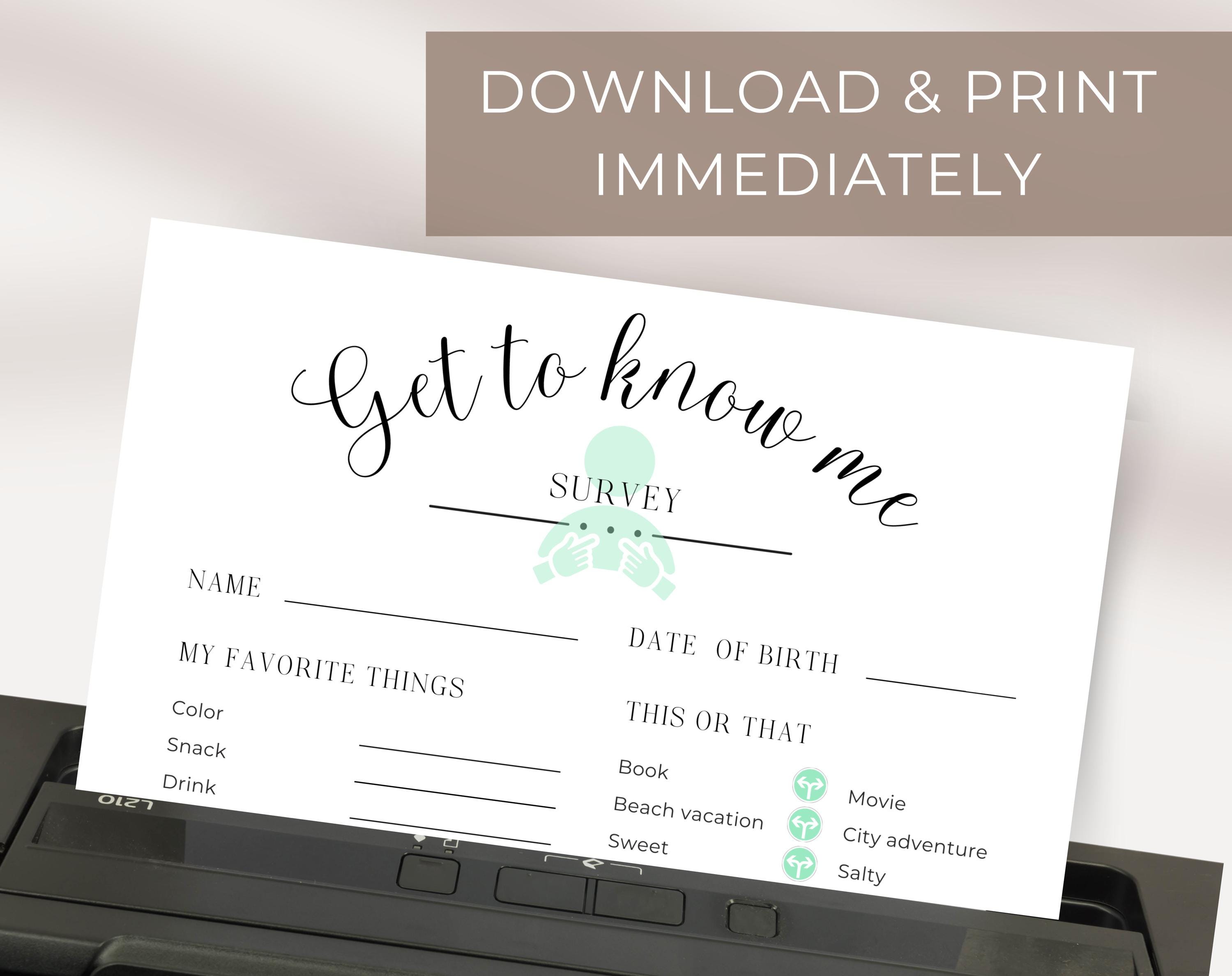 Getting to Know Me Survey Printable, Favorite Things Questionnaire, All ...
