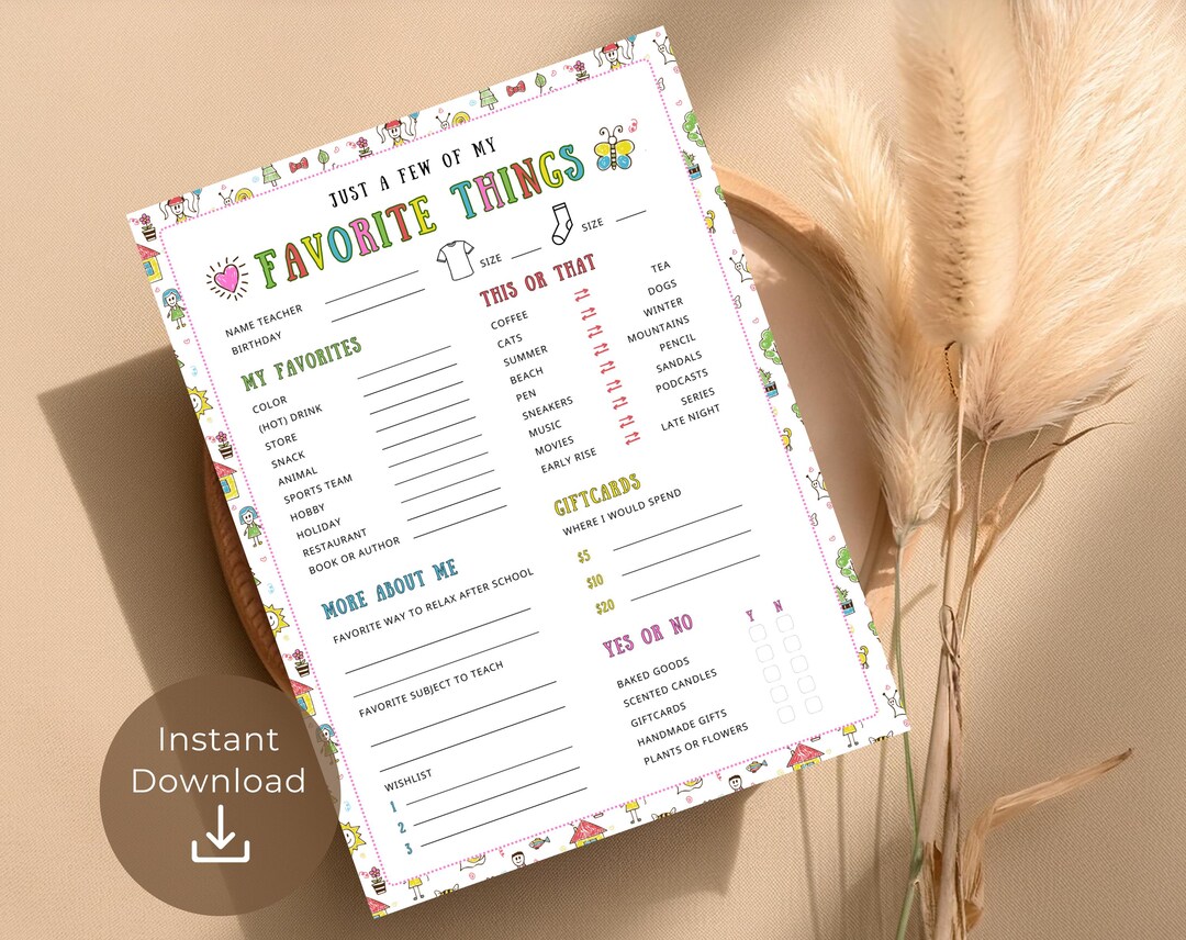Teacher Favorites List Printable, Get to Know Teacher, All About My ...
