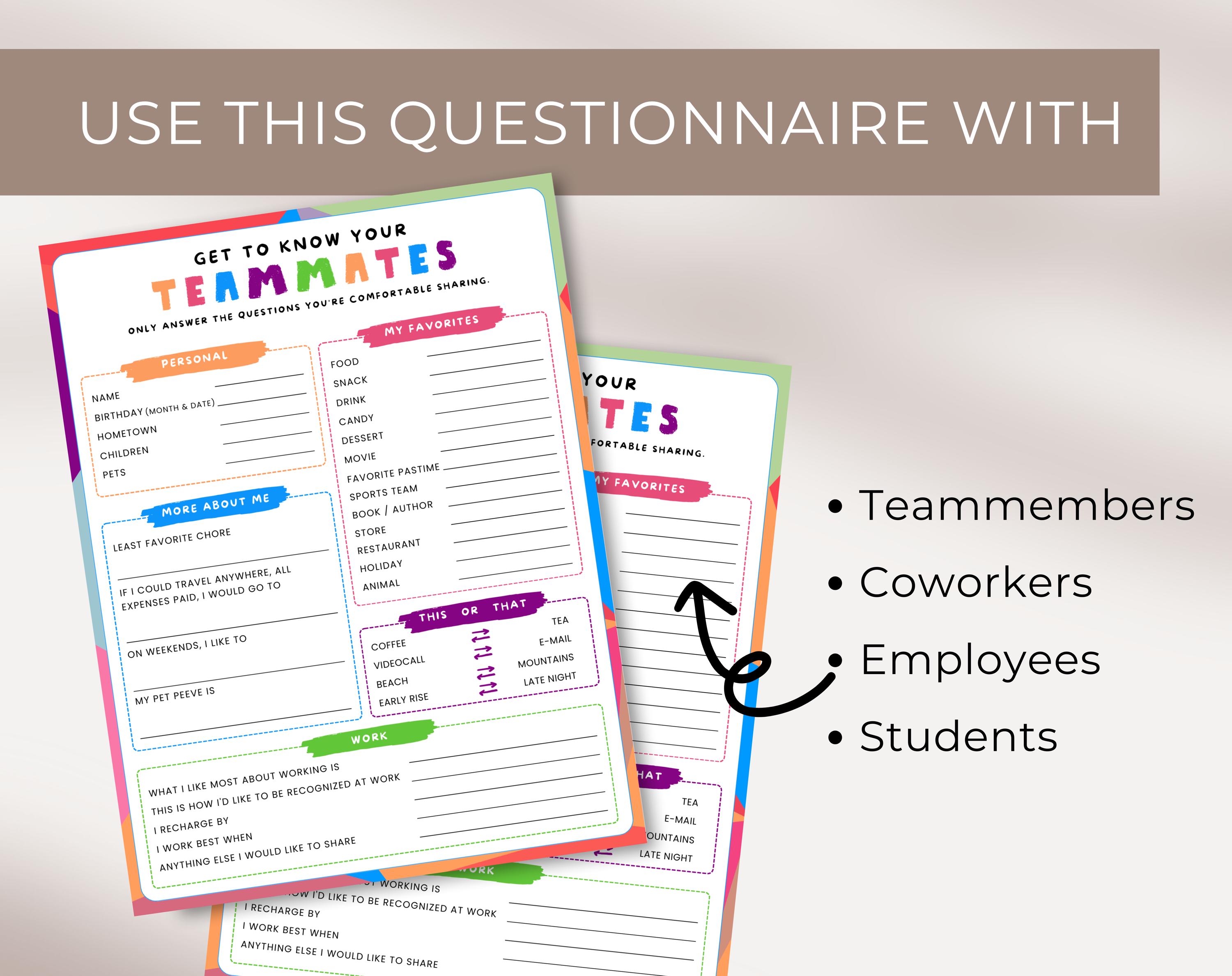 Getting to Know My Team Form Printable, Get to Know Me Questionnaire ...