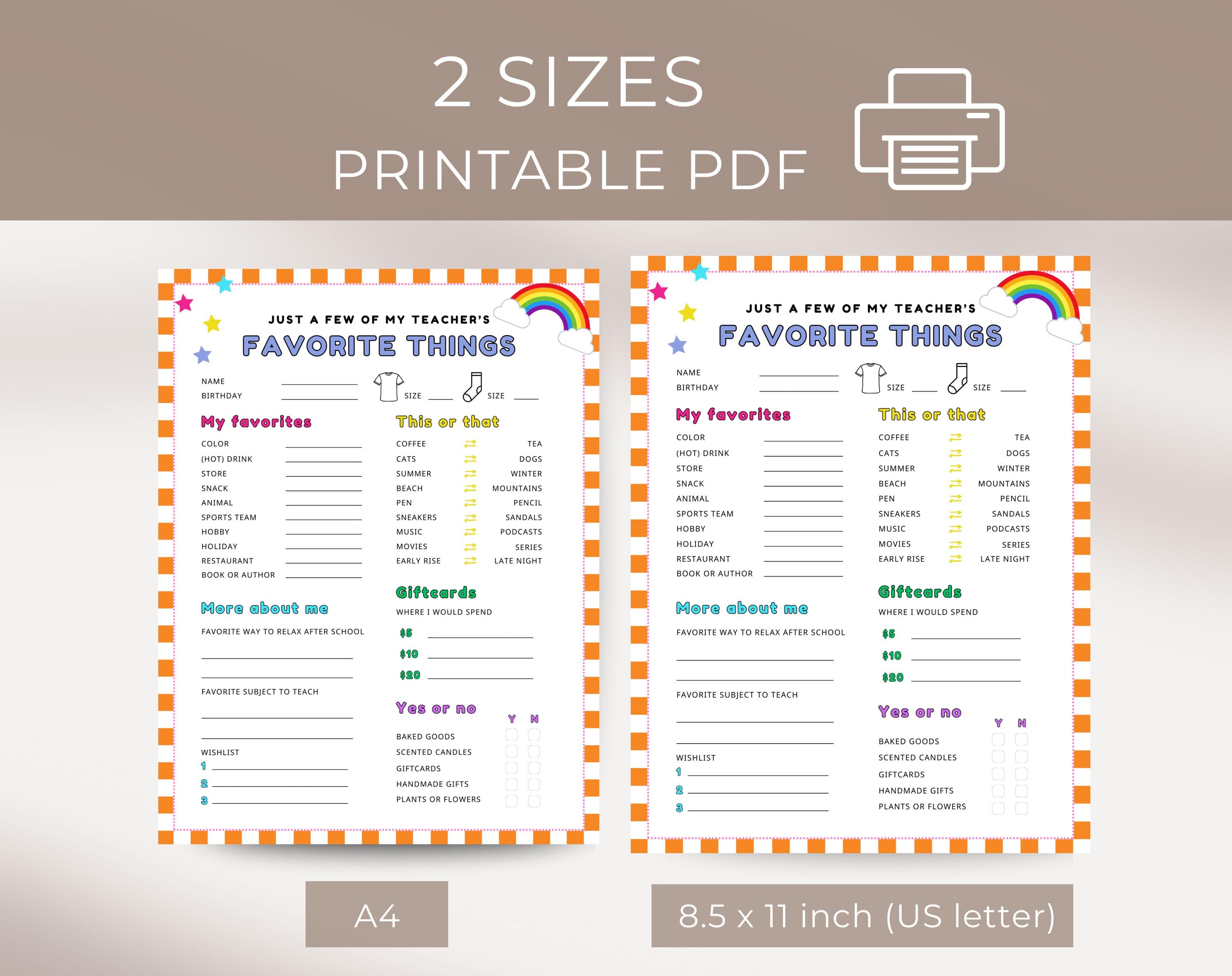 All About My Teacher Survey, Teacher Favorite Things Questionnaire ...