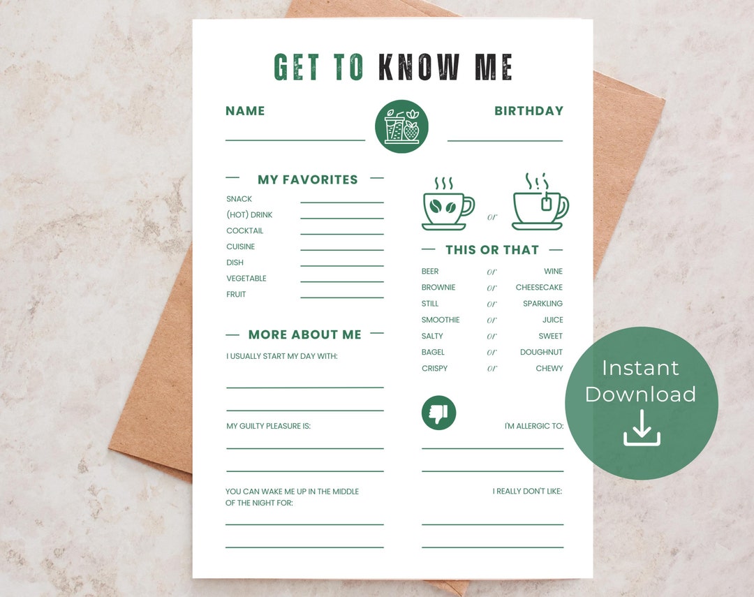 Food-themed Getting to Know You Questionnaire Printable, Favorite ...