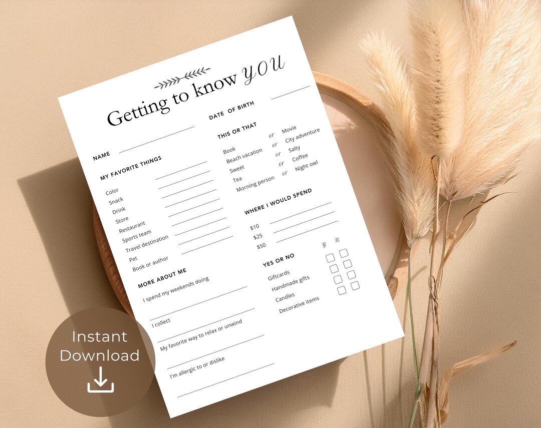 Getting to Know You Questionnaire Printable, Favorite Things ...