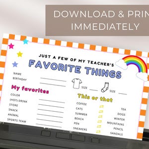 All About My Teacher Survey, Teacher Favorite Things Questionnaire ...