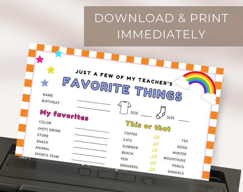 All About My Teacher Survey, Teacher Favorite Things Questionnaire ...