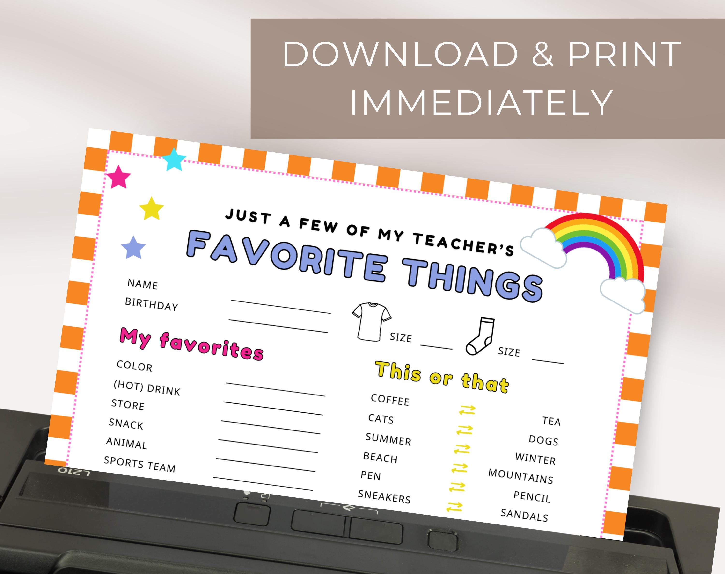 All About My Teacher Survey, Teacher Favorite Things Questionnaire ...