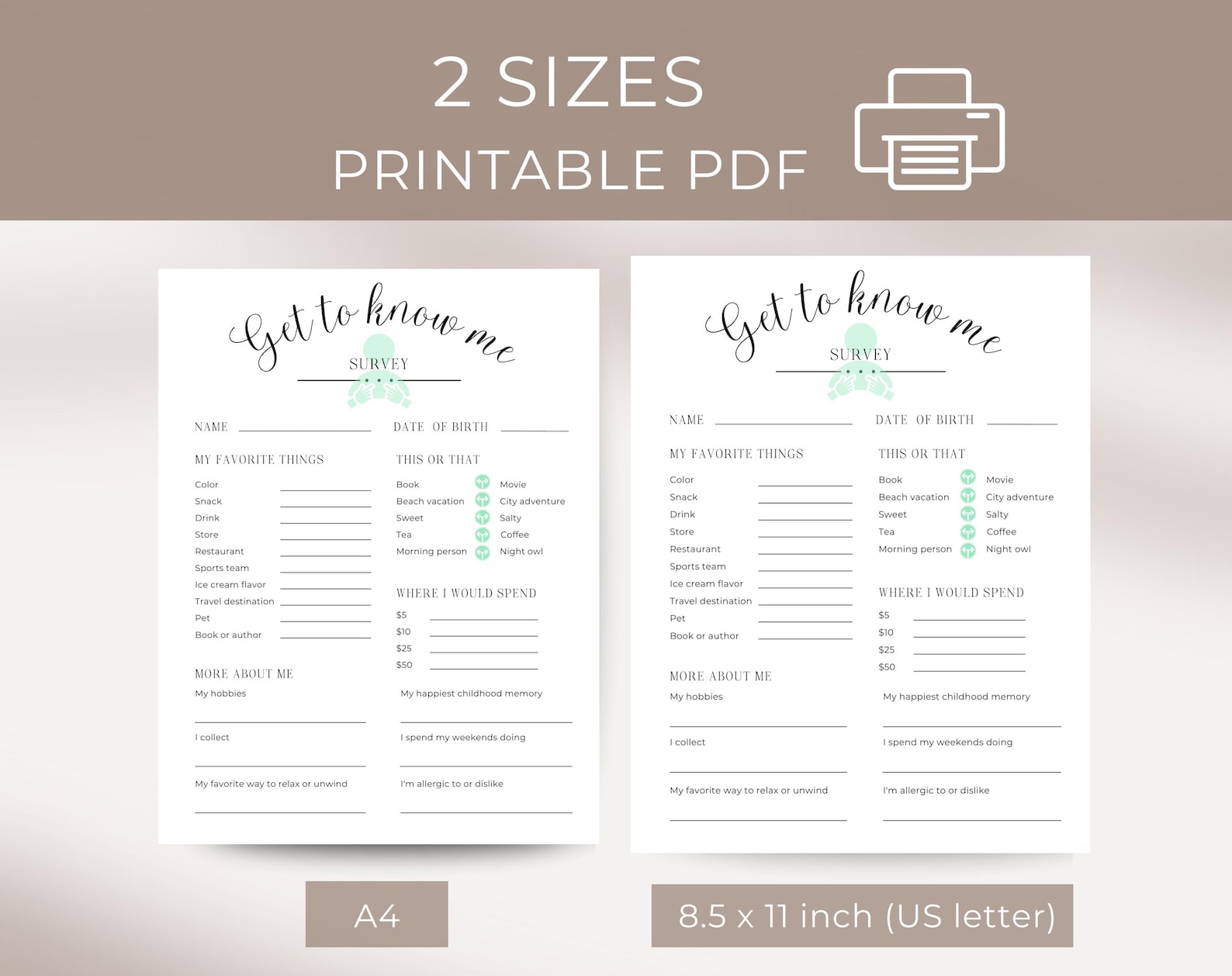 Getting to Know Me Survey Printable, Favorite Things Questionnaire, All ...