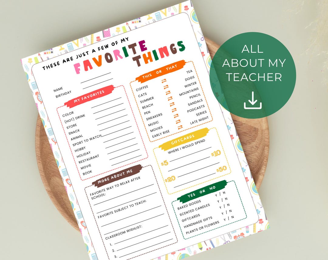 All About My Teacher Worksheet, Teacher Favorite Things List, Get to ...