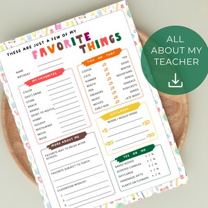 All About My Teacher Printable, Teacher Favorites List, Get to Know My ...