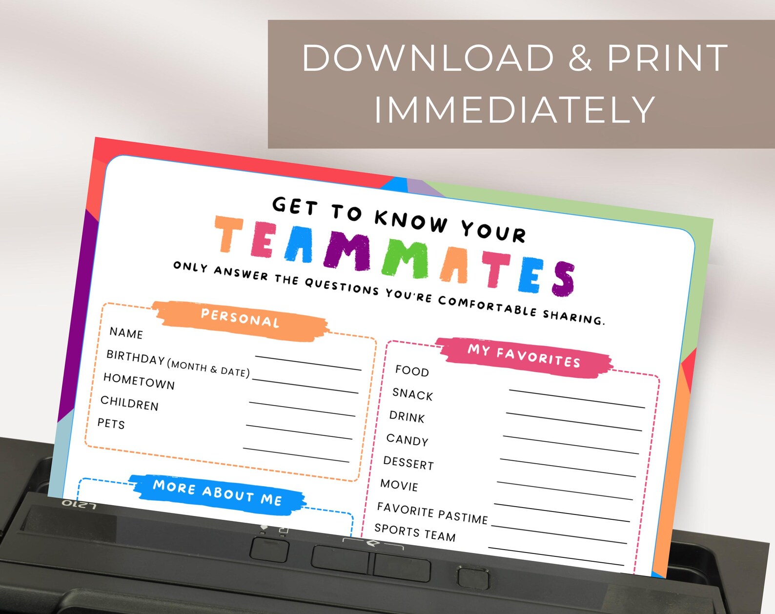 Getting to Know My Team Form Printable, Get to Know Me Questionnaire ...