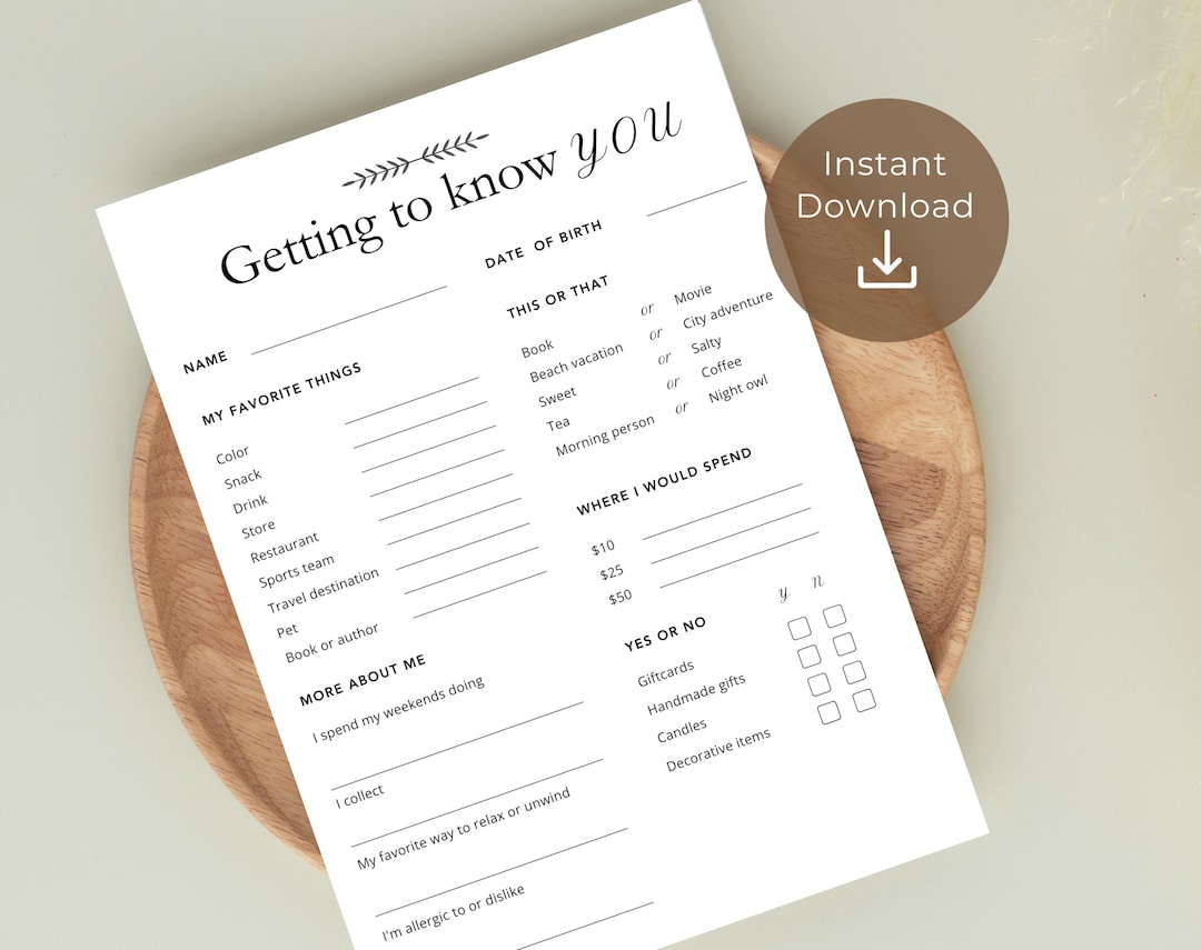 Printable Favorite Things Questionnaire, Get to Know You Survey, All ...