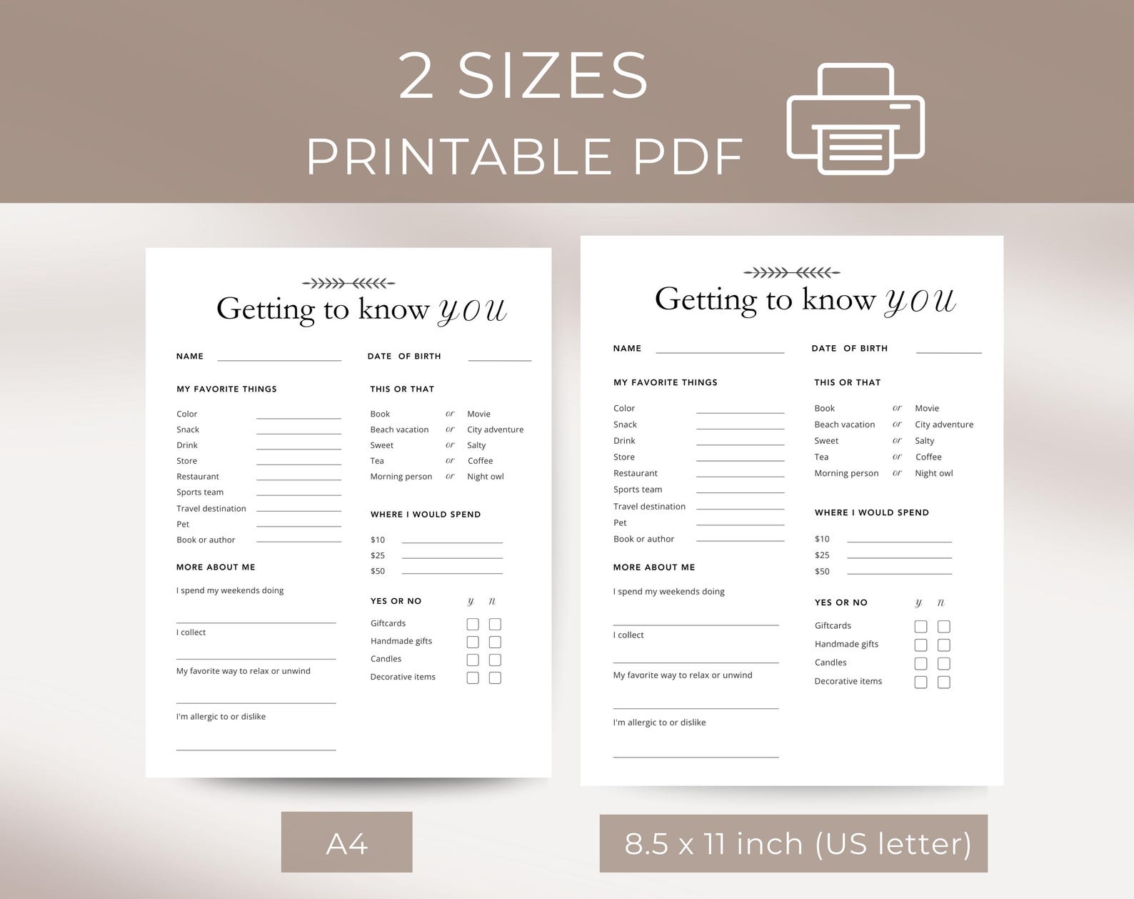 Getting to Know You Questionnaire Printable, Favorite Things ...