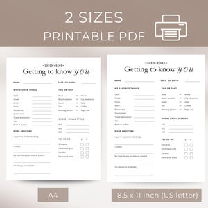 Getting to Know You Questionnaire Printable, Favorite Things ...