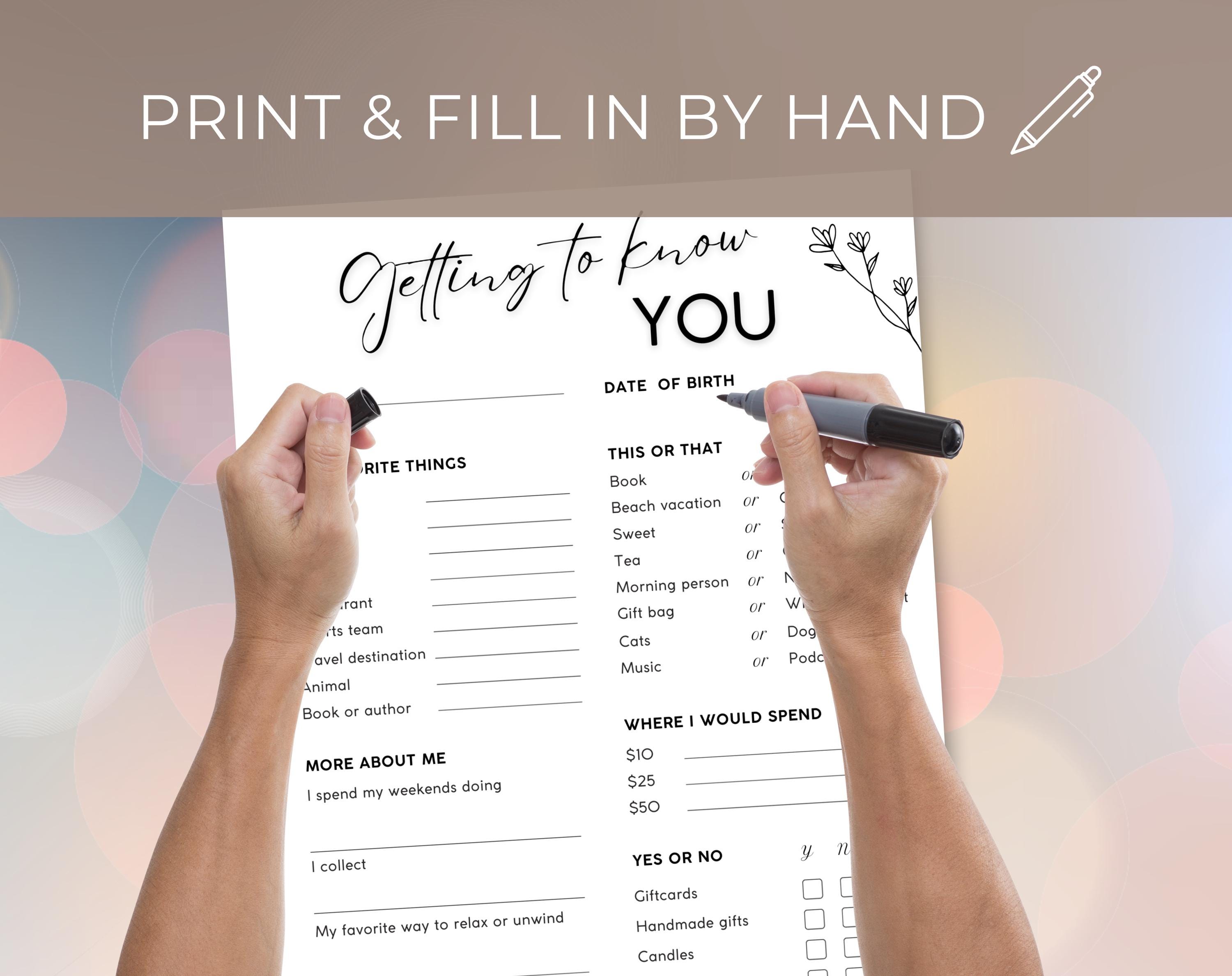 Getting to Know You Questionnaire Printable, Favorite Things ...