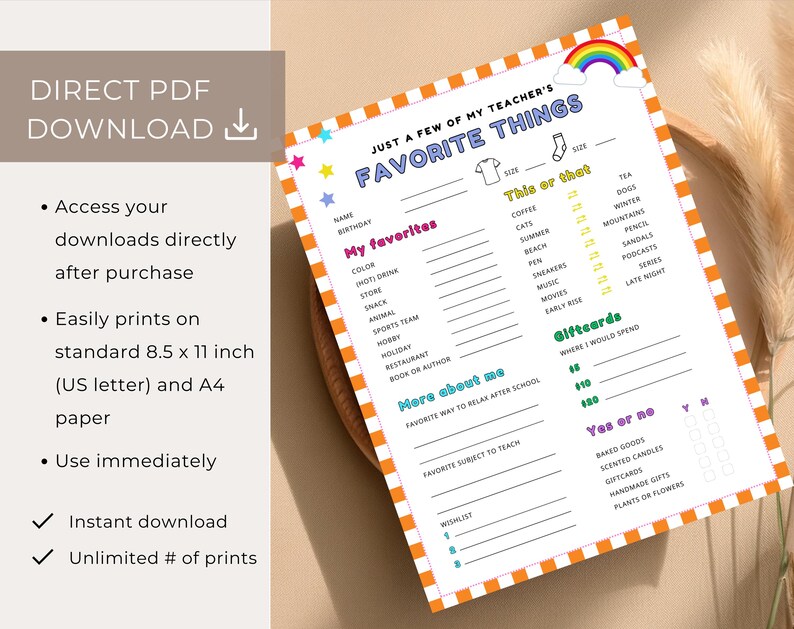 All About My Teacher Survey, Teacher Favorite Things Questionnaire ...
