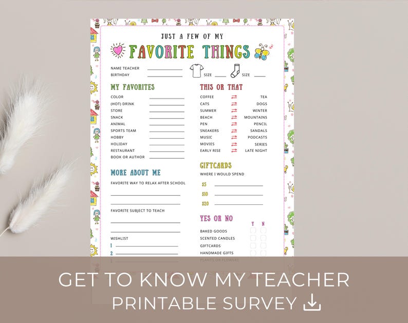 Teacher Favorites List Printable, Get to Know Teacher, All About My ...