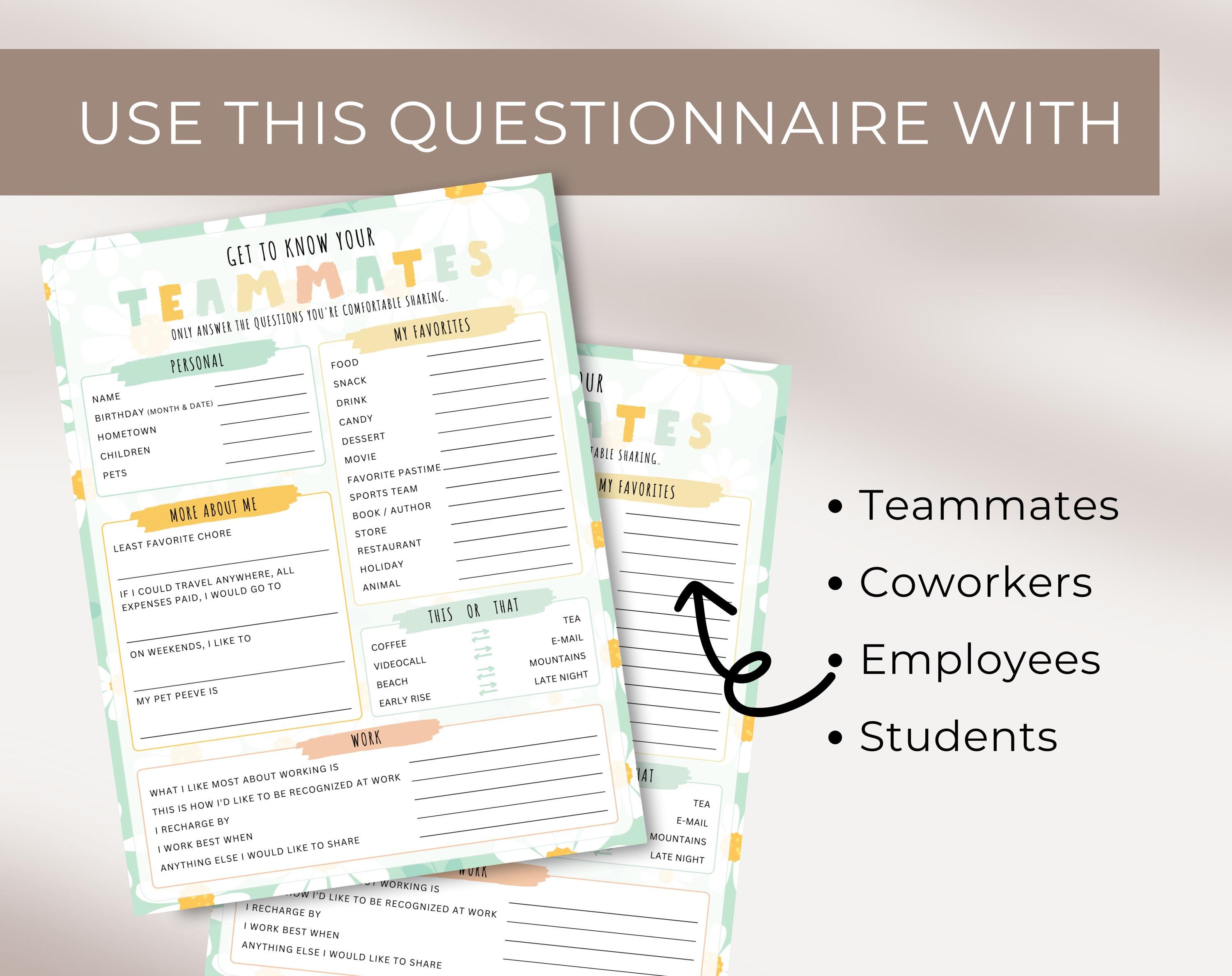 Team Building Get to Know Me Questionnnaire, Getting to Know My Team ...