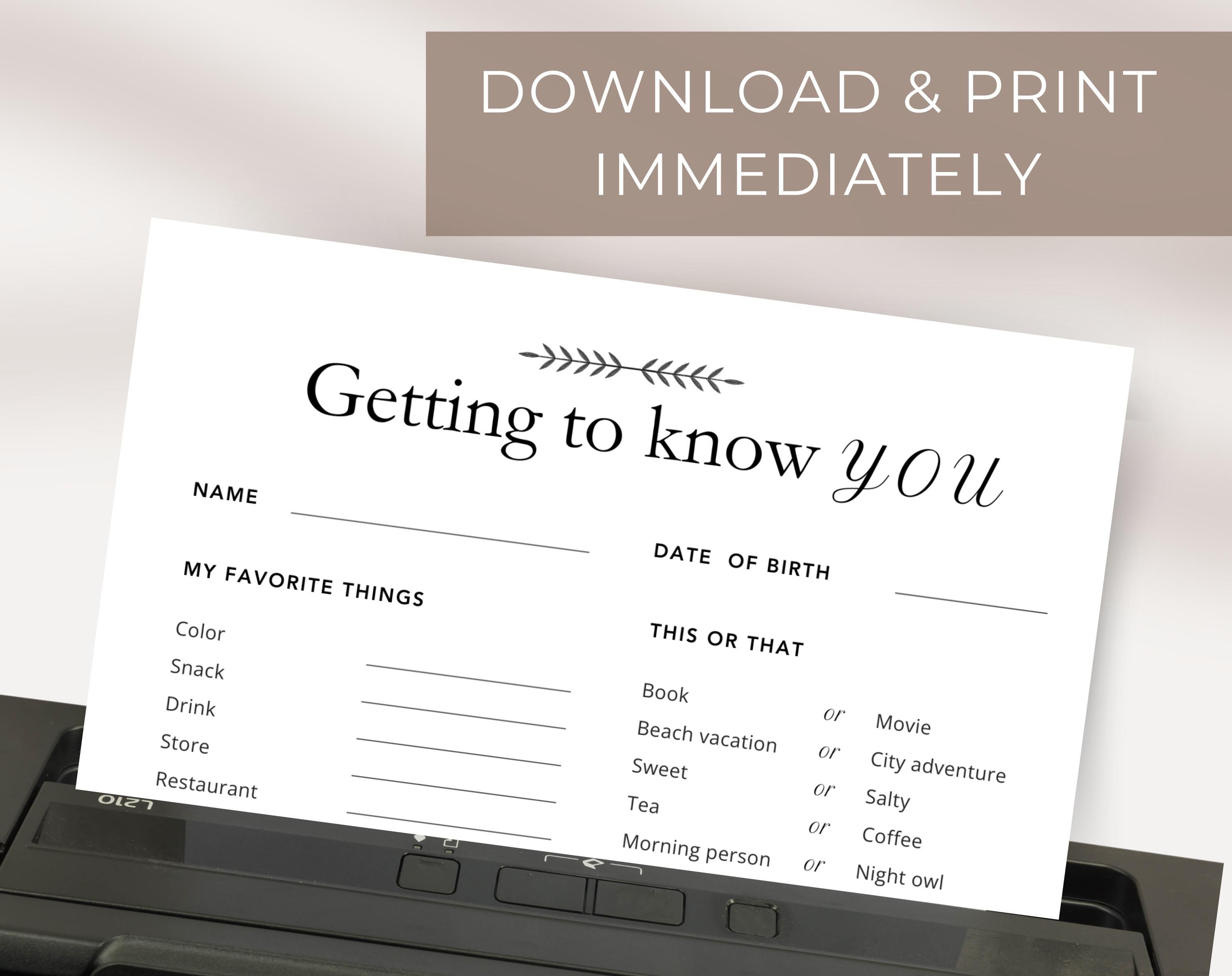 Getting to Know You Questionnaire Printable, Favorite Things ...
