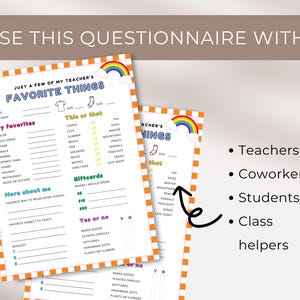 All About My Teacher Survey, Teacher Favorite Things Questionnaire ...