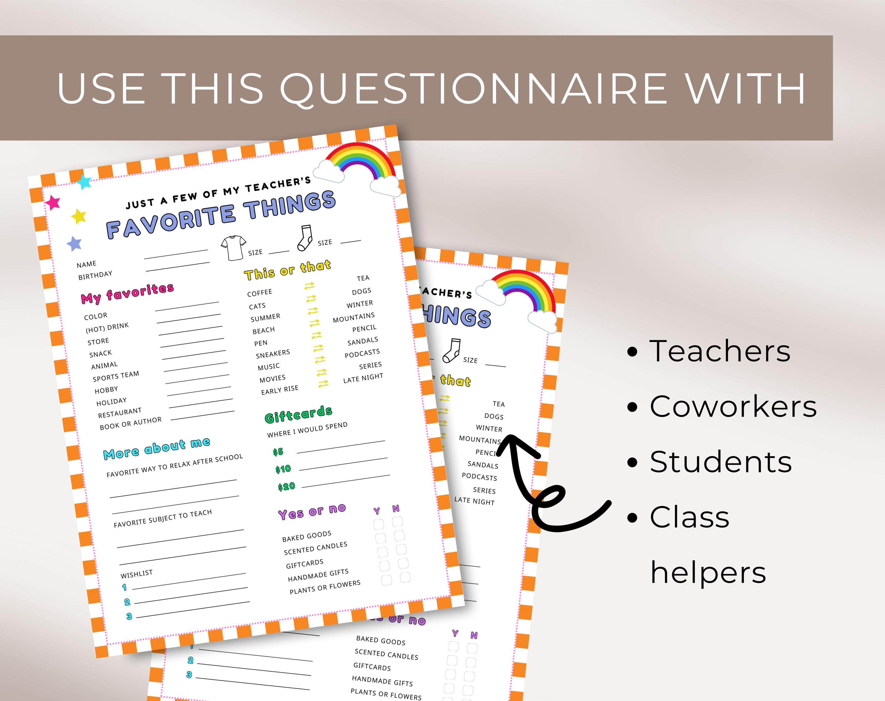 All About My Teacher Survey, Teacher Favorite Things Questionnaire ...