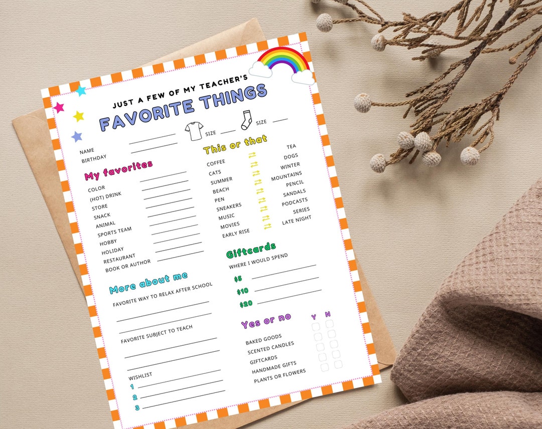 Teacher Favorites List Printable, Get to Know Teacher, All About My ...