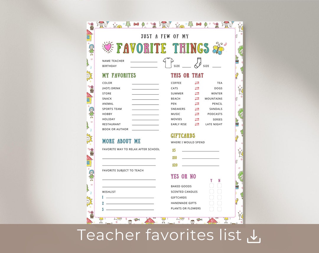 Teacher Favorites List Printable, Get to Know Teacher, All About My ...