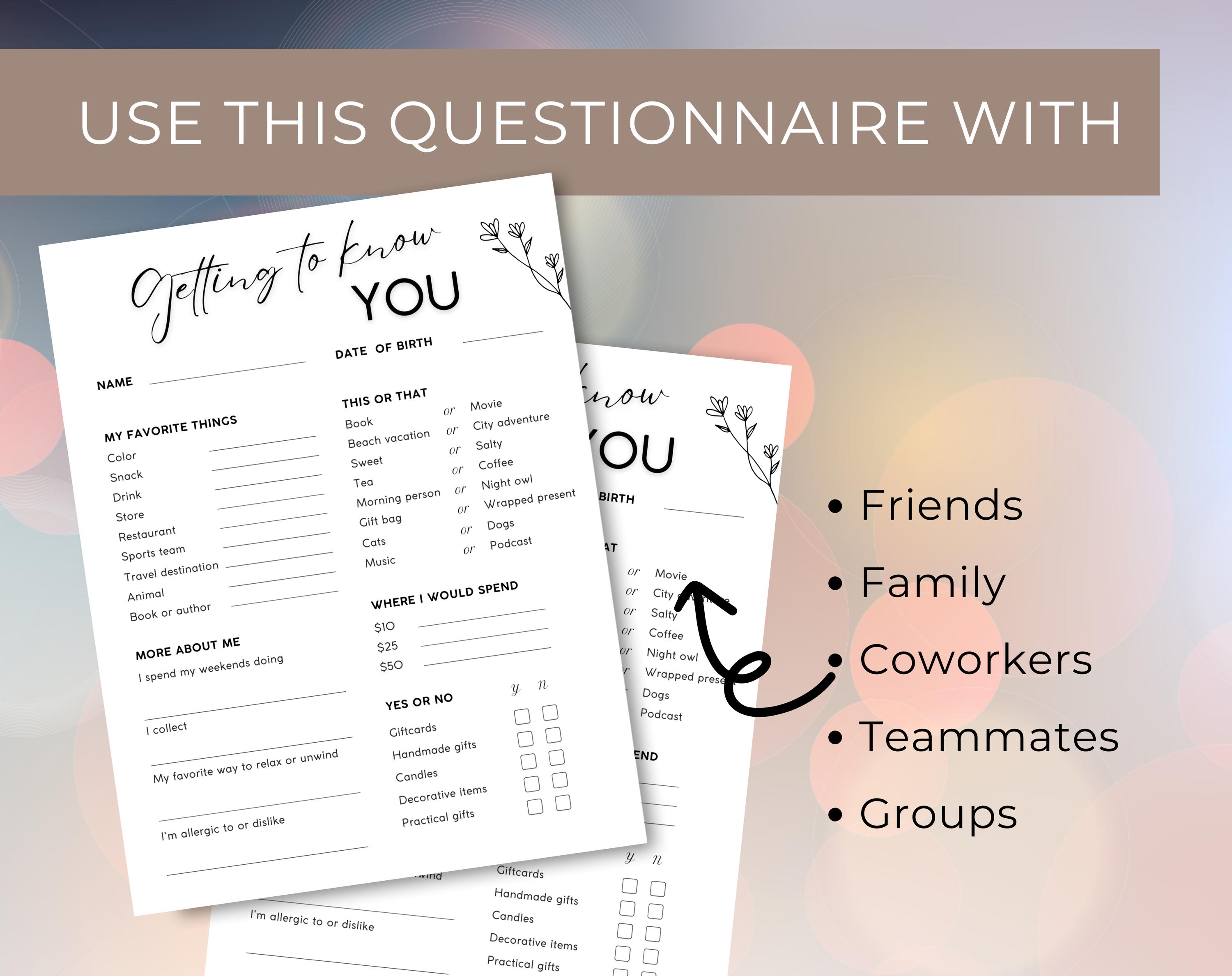 Getting to Know You Questionnaire Printable, Favorite Things ...