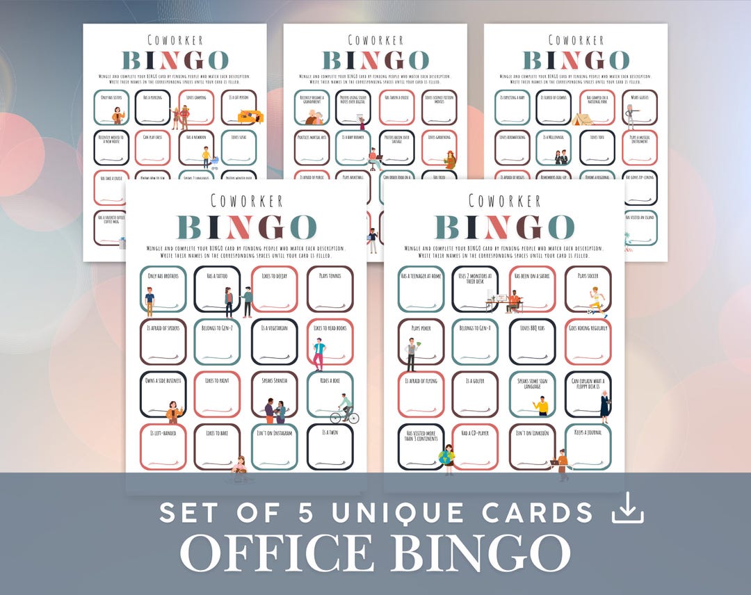Office Bingo Game Set of 5 Cards, Coworker Bingo, Mix and Mingle Bingo ...