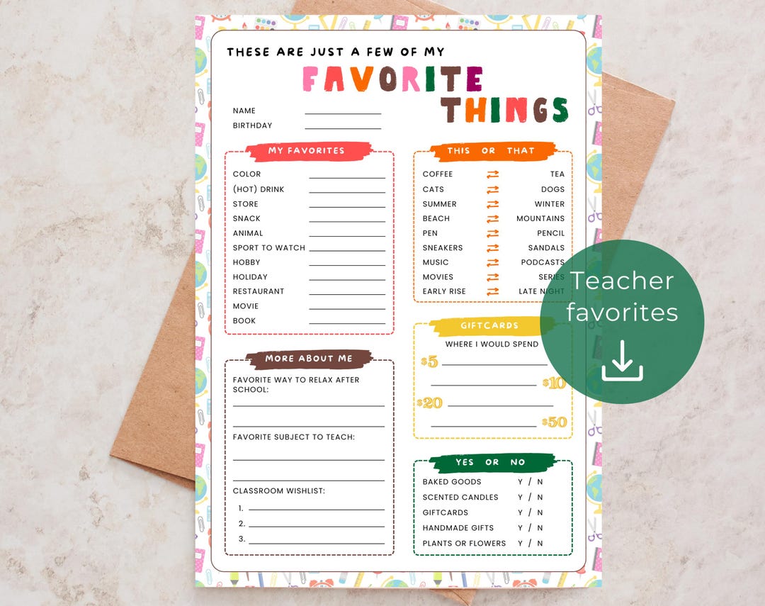 All About My Teacher Printable, Teacher Favorites List, Get to Know My ...