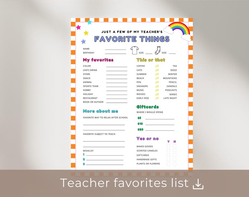 All About My Teacher Survey, Teacher Favorite Things Questionnaire ...