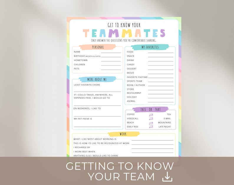 Getting to Know My Team Survey Printable, Get to Know Me Questionnaire ...