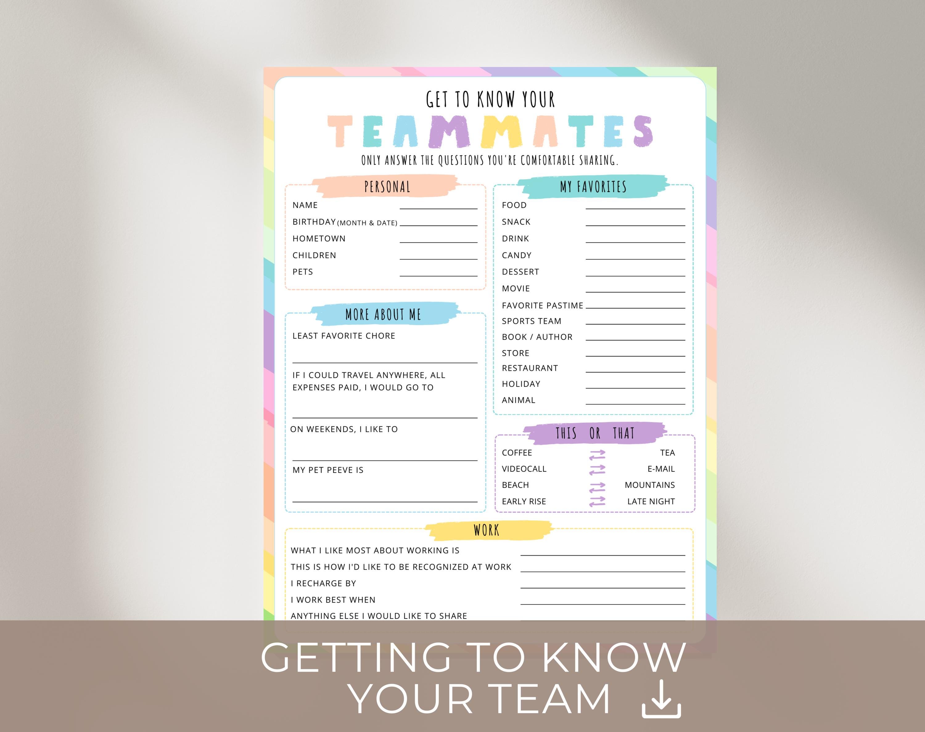 Getting to Know My Team Survey Printable, Get to Know Me Questionnaire ...