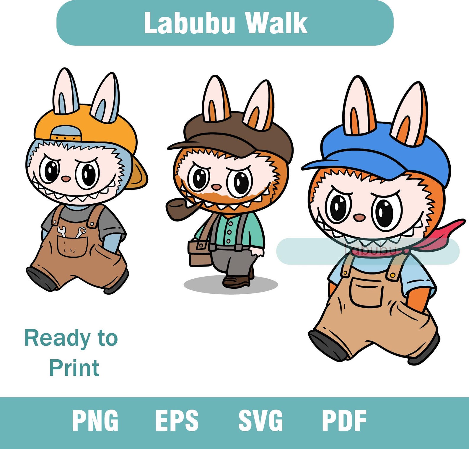 Labubu Walk Cartoon Clipart | Cute Bunny Character PNG SVG EPS Pdf ...