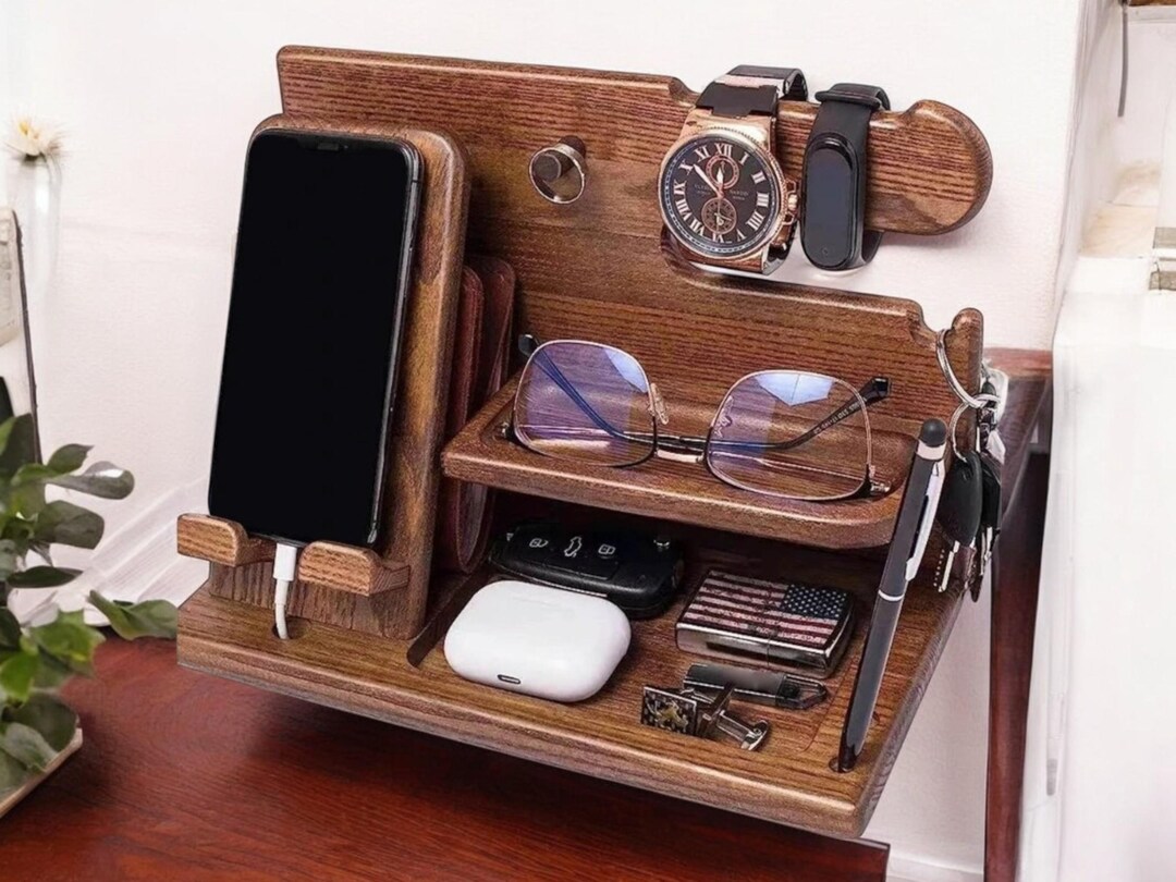 Personalized Wooden Docking Station – Key Holder, Wallet Stand & Watch ...