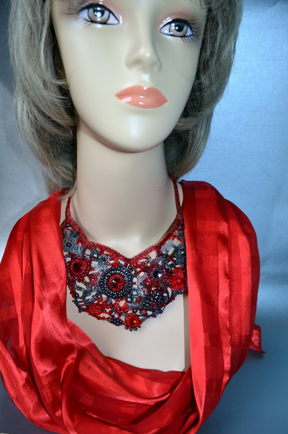 Tango Red, Black and Gray Statement Freeform Peyote Seed Beaded Bib ...