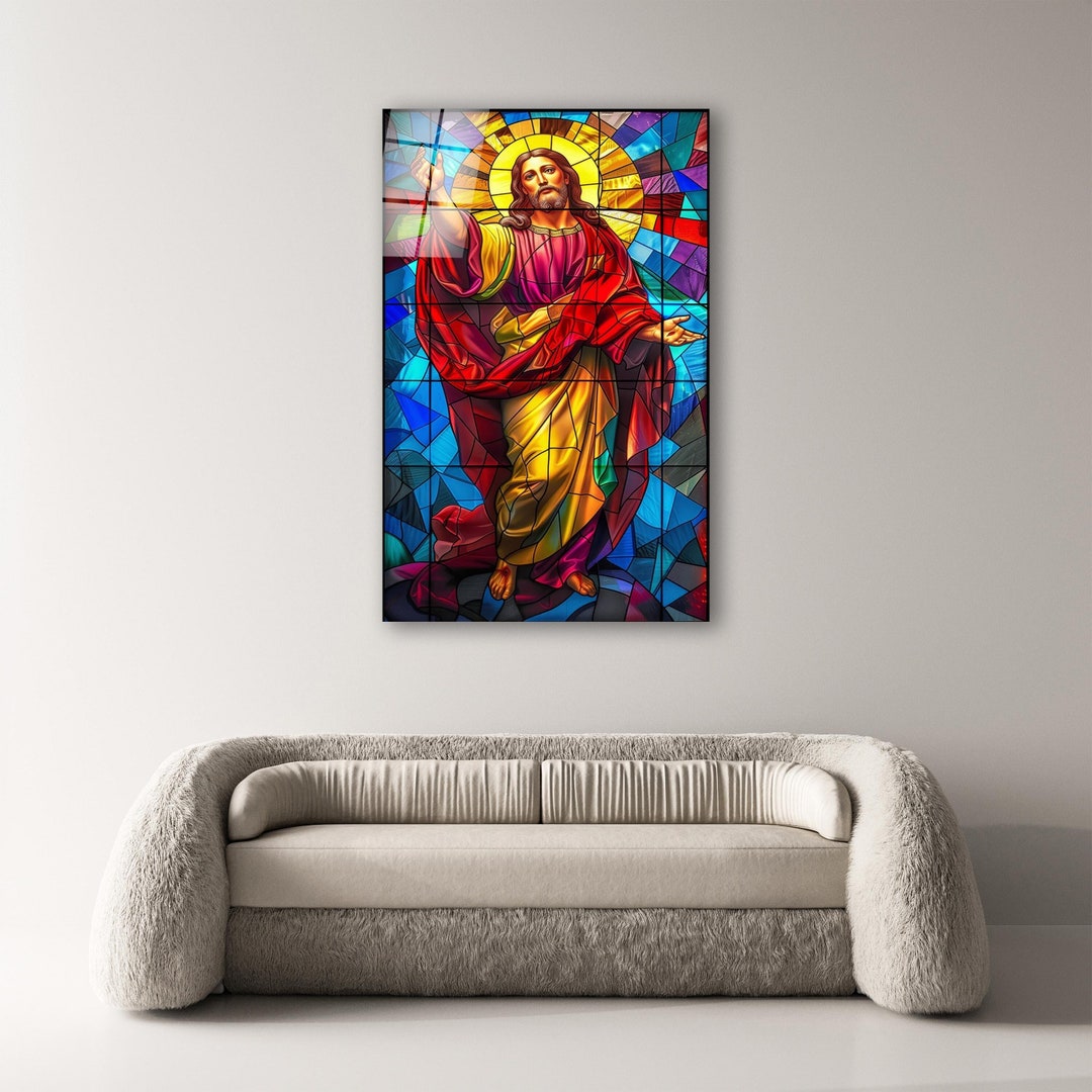 Stained Glass Jesus Artwork, Tempered Glass Wall Hanging, Religious ...