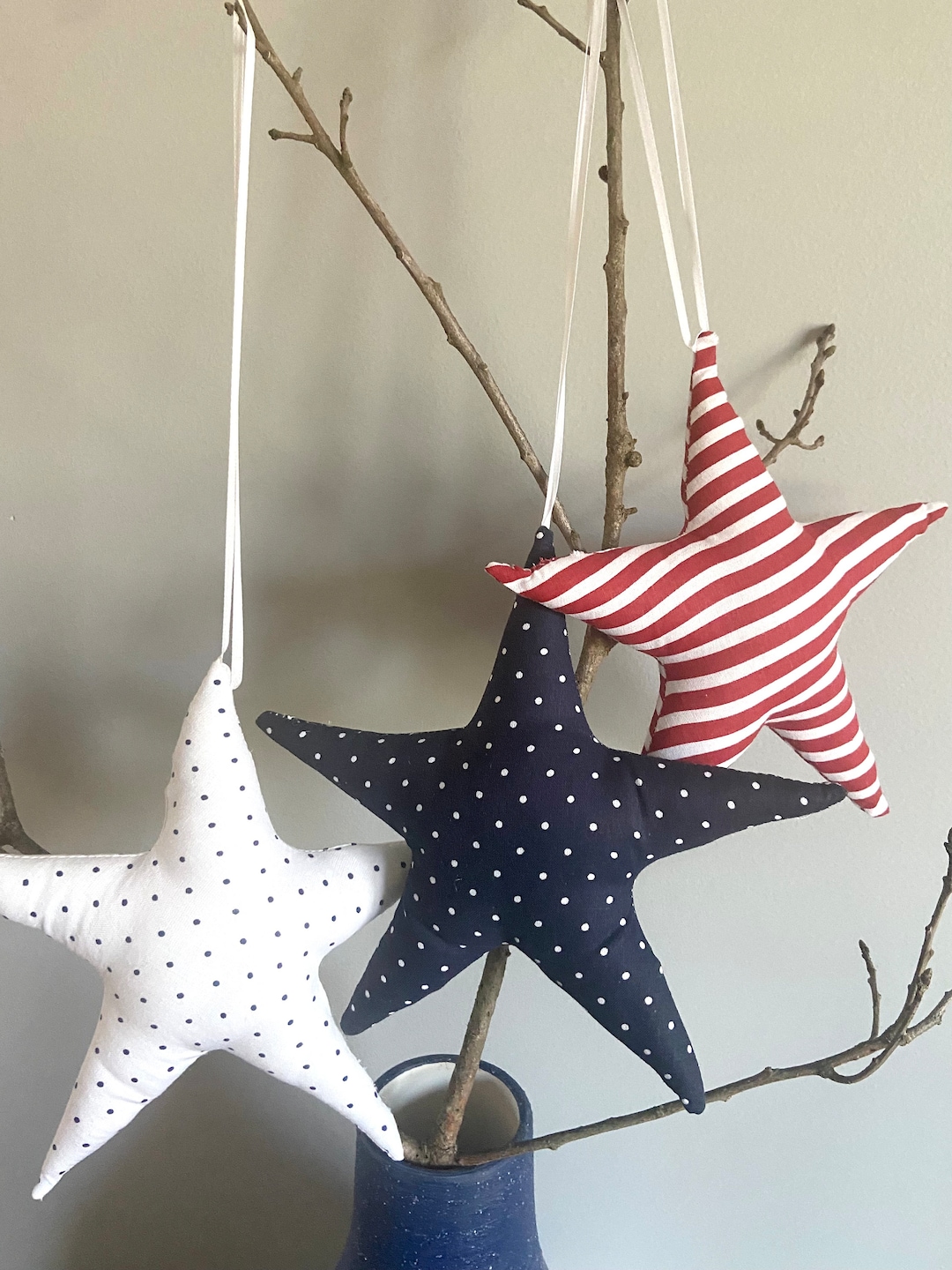 Fabric Stars, Set of 3, Stuffed Red, White and Blue Ornaments, Bowl ...