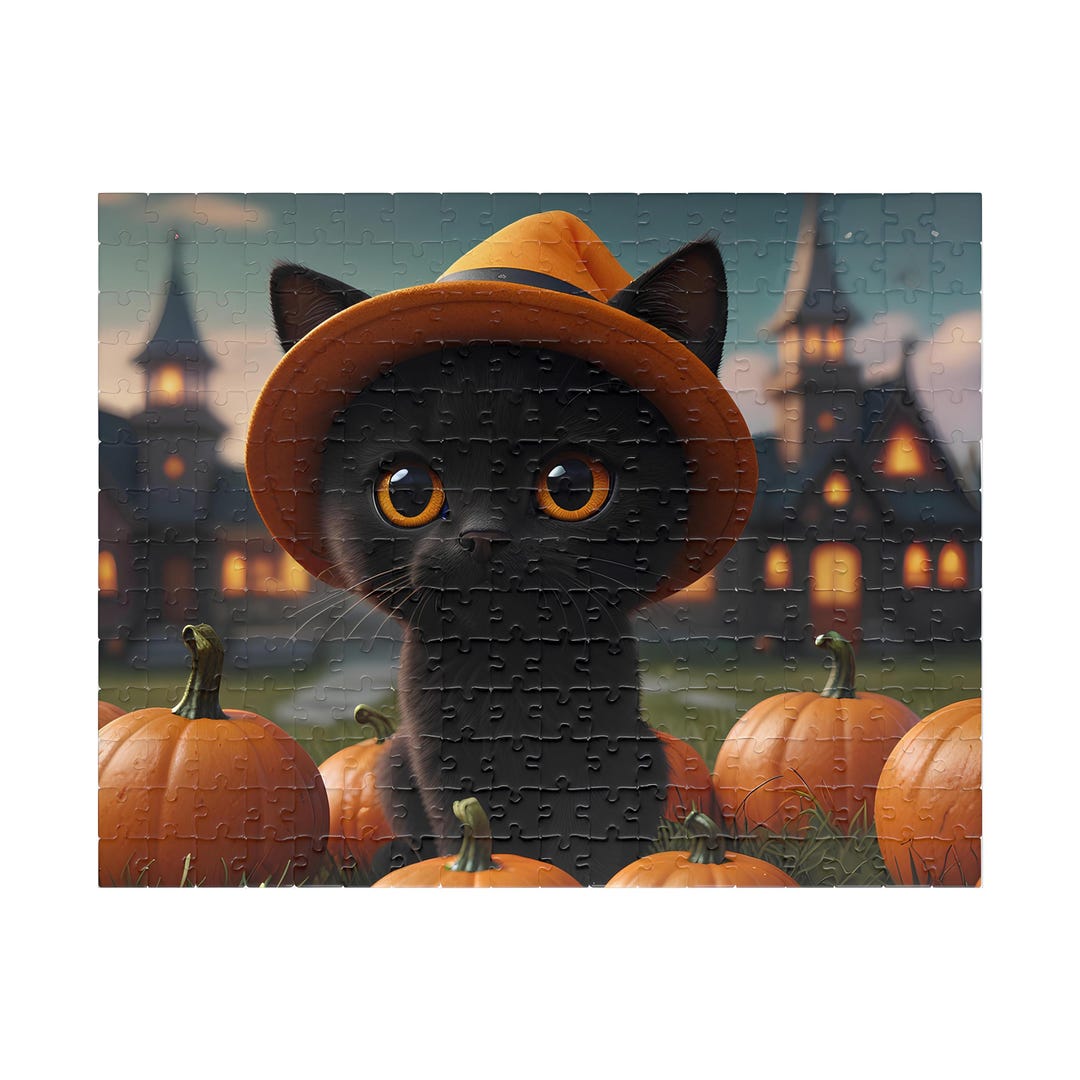 Black Cat in Witch's Hat Puzzles for Adults, Halloween Puzzle for the ...