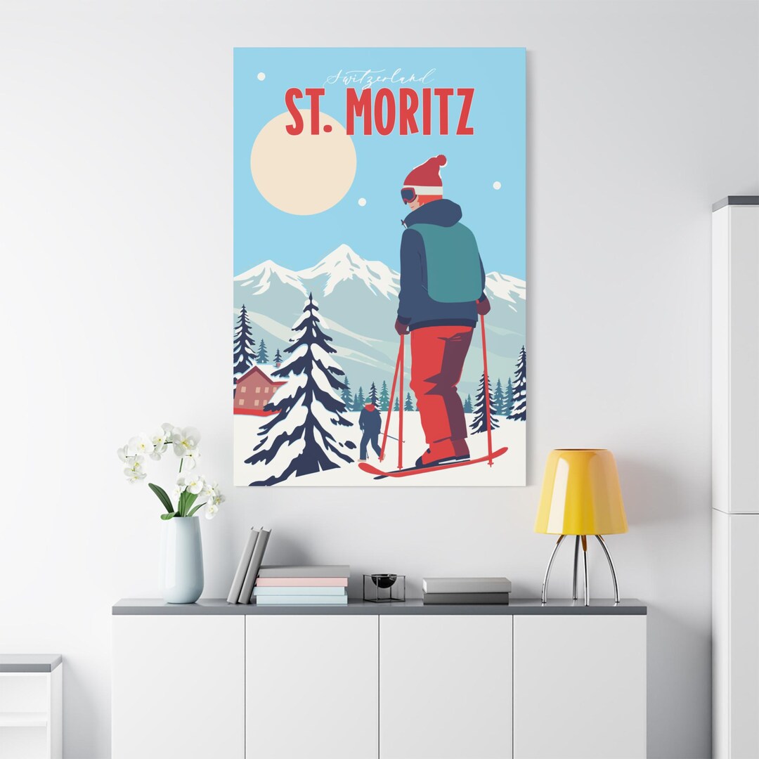 St. Moritz Ski Resort Art Print, Retro Skiing Wall Decor, Winter ...
