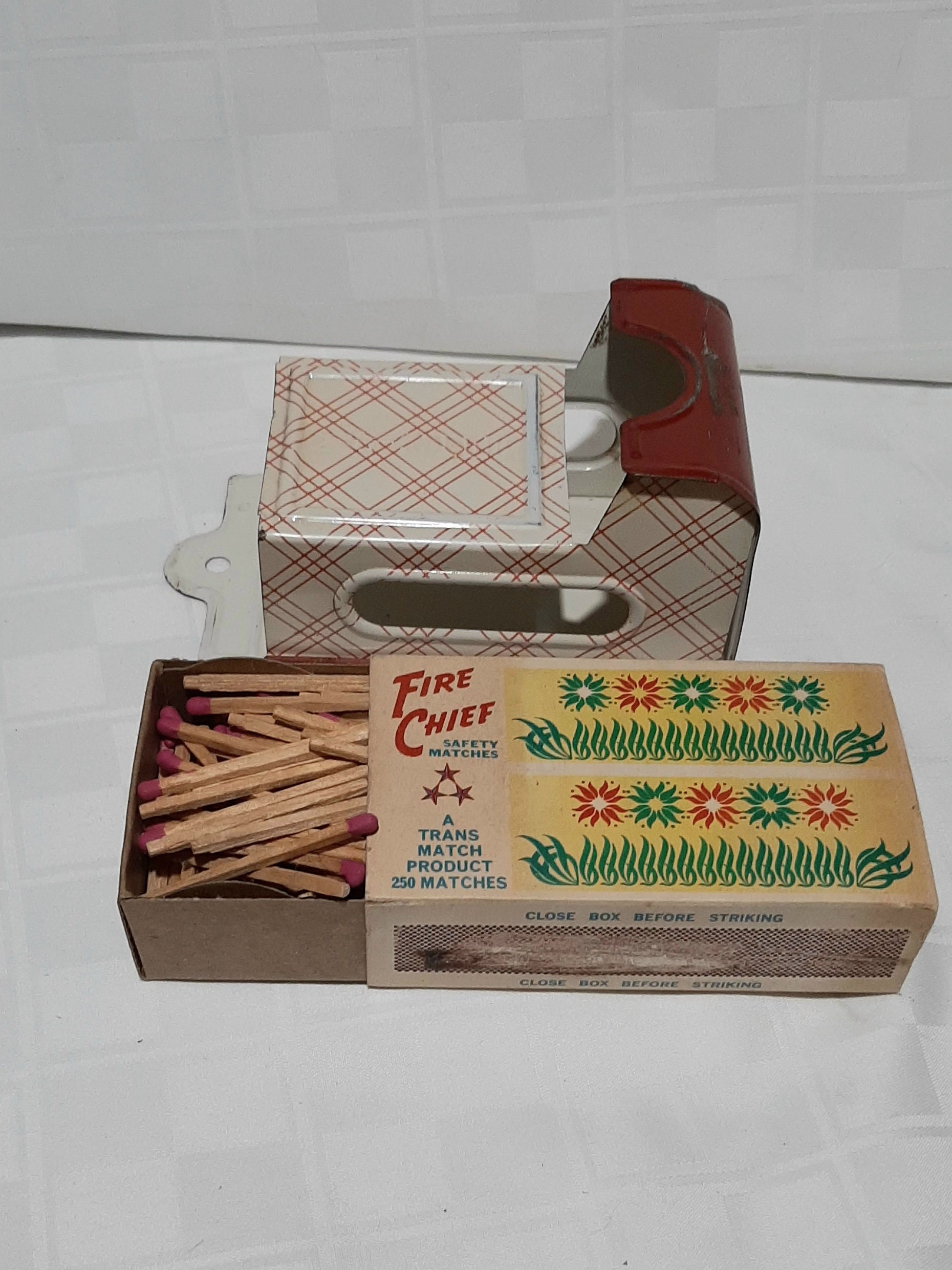 Wall Match Safe Holder Vintage Tin Red White Fire Chief Matches Retro ...