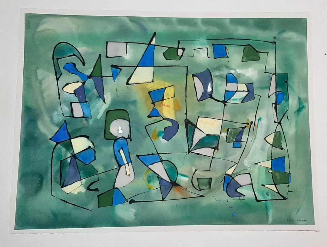 Abstract Original Real Painting Mid Century Style Blues Greens by Keith ...